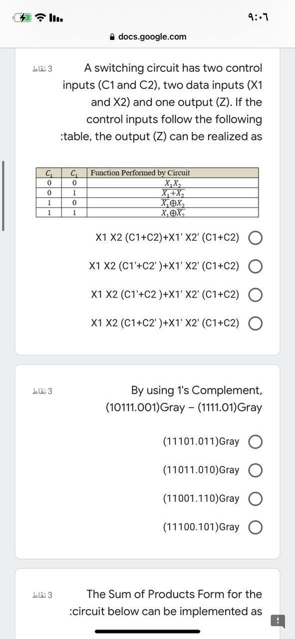 Solved 4:1 docs.google.com 3 نقاط A switching circuit has | Chegg.com