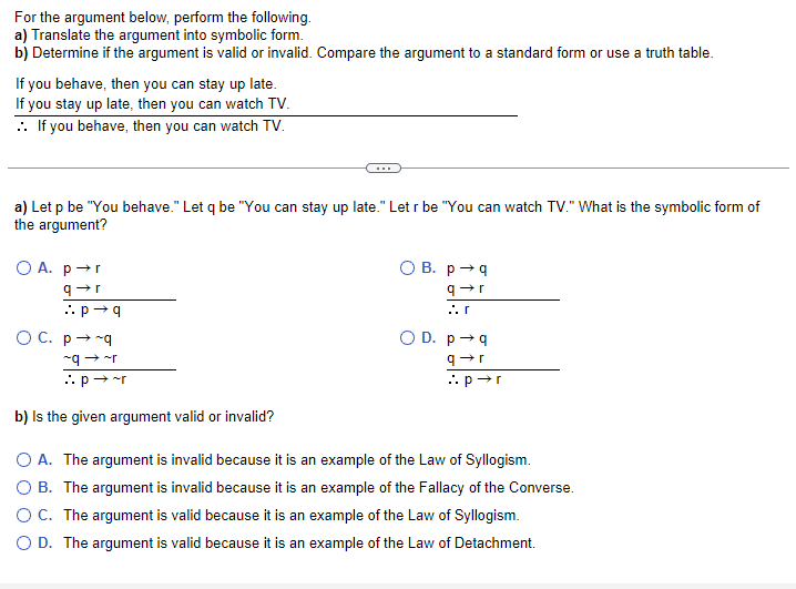 Solved For the argument below, perform the following. a) | Chegg.com