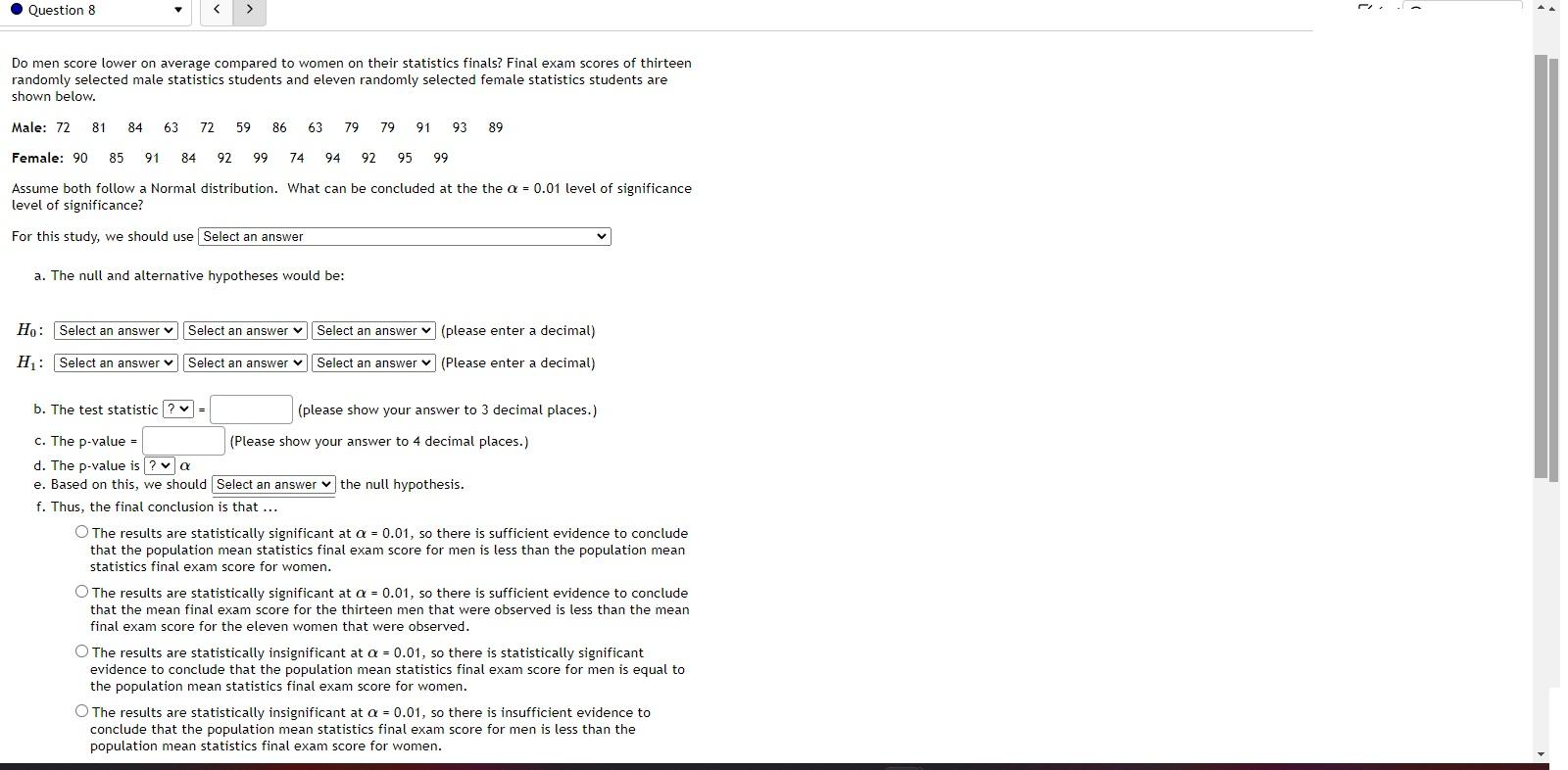 Solved Do men score lower on average compared to women on | Chegg.com