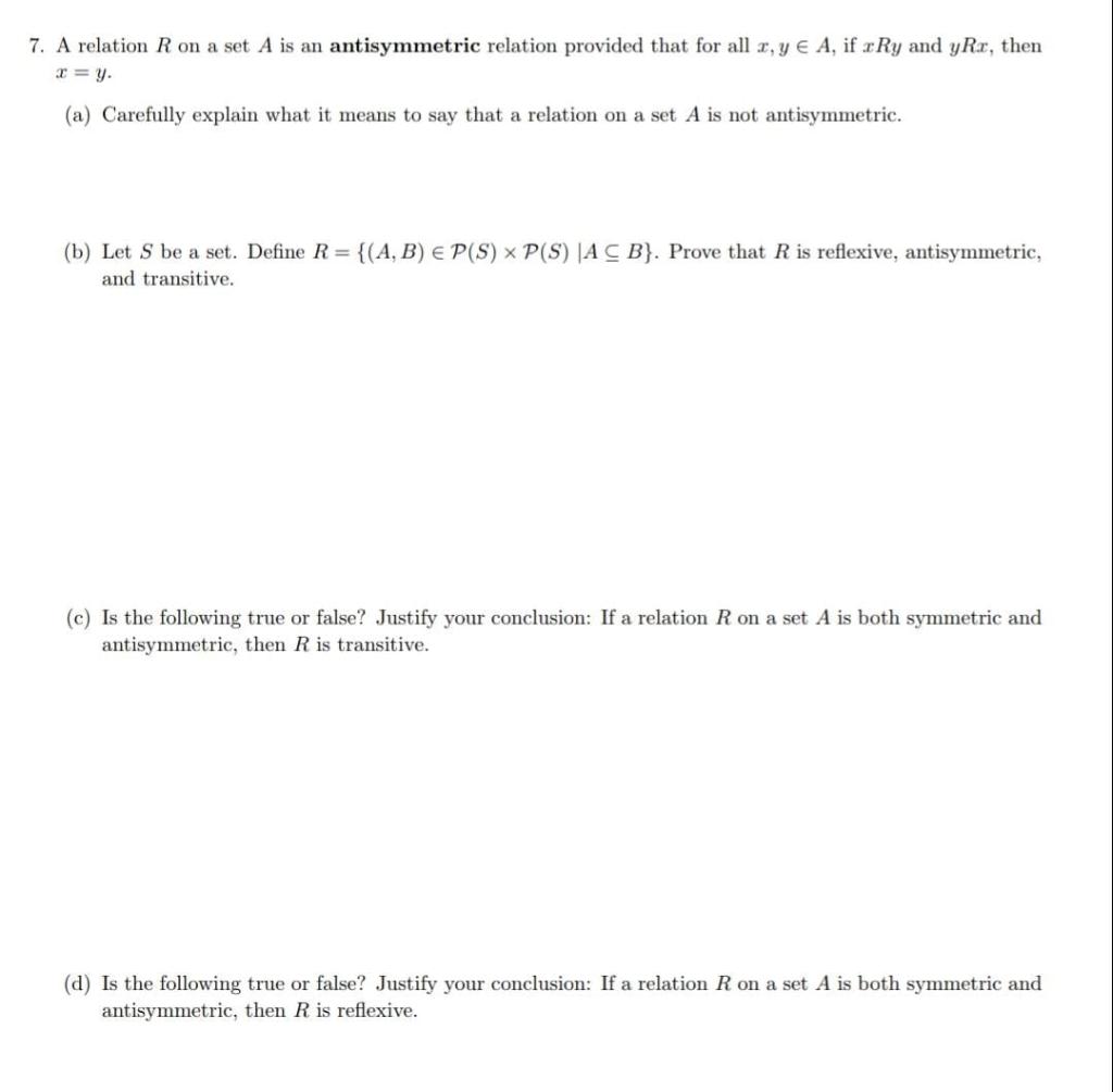 Solved 7. A relation R on a set A is an antisymmetric | Chegg.com