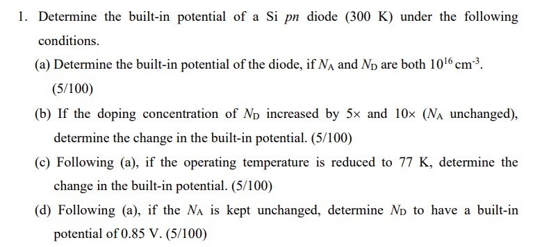 Solved 1. Determine the built-in potential of a Si pn diode | Chegg.com