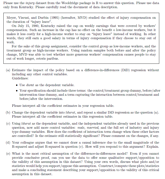 Solved Please use the injury dataset from the Wooldridge | Chegg.com