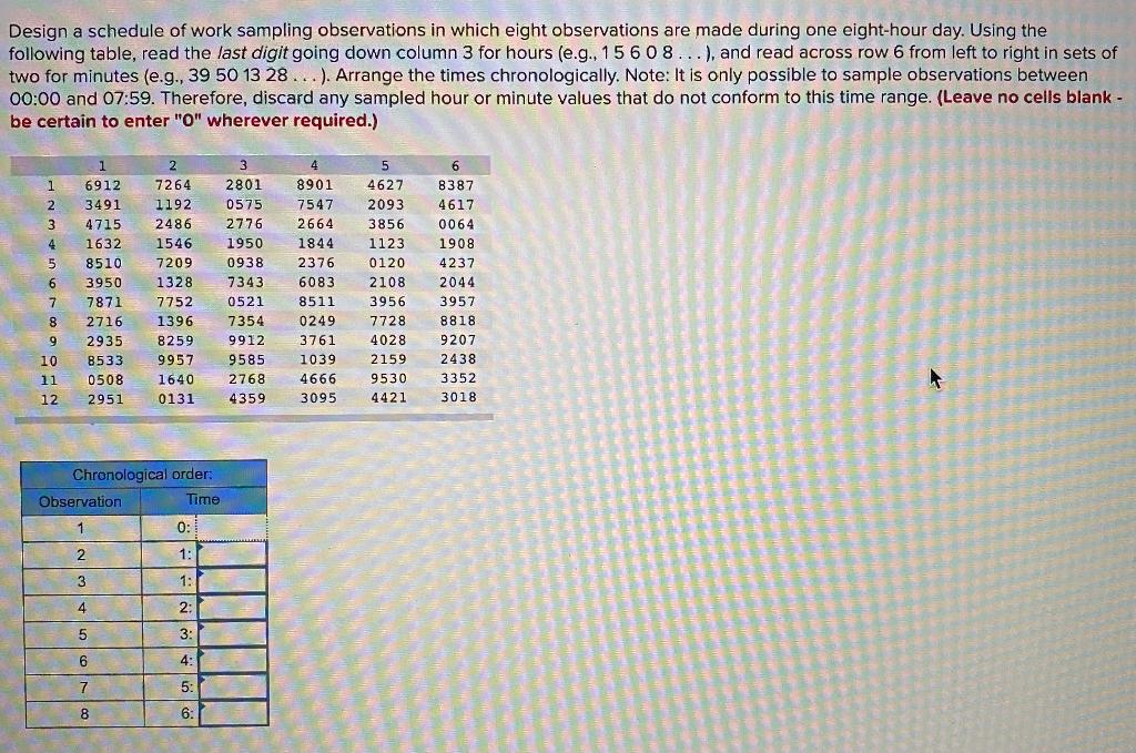 Solved Design a schedule of work sampling observations in | Chegg.com
