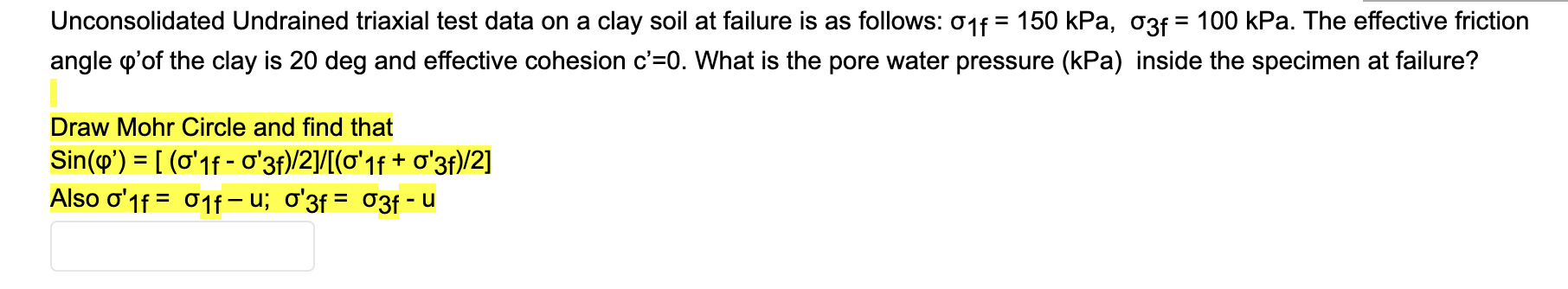 Solved Unconsolidated Undrained triaxial test data on a clay | Chegg.com