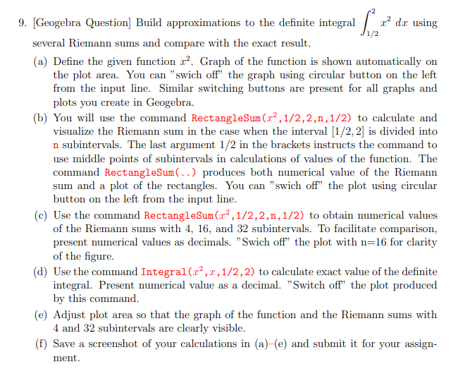 9. [Geogebra Question] Build approximations to the | Chegg.com