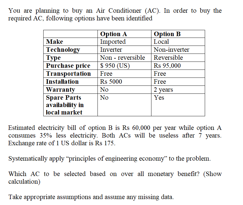 Solved You are planning to buy an Air Conditioner (AC). In | Chegg.com