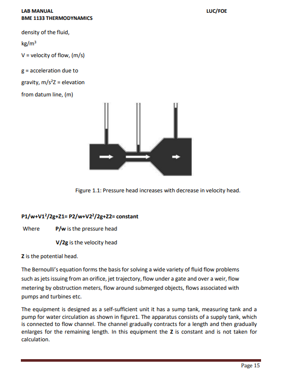 LUC/FOE LAB MANUAL BME 1133 THERMODYNAMICS Experiment | Chegg.com