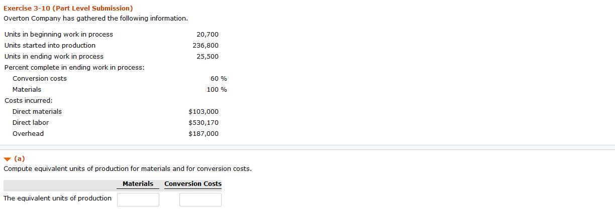 Solved Exercise 3-10 (Part Level Submission) Overton Company | Chegg.com