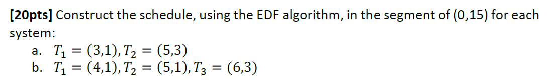 Solved [20pts] Construct the schedule, using the EDF | Chegg.com