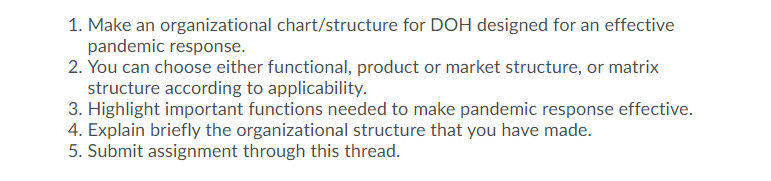 Solved 1. Make an organizational chart/structure for DOH | Chegg.com