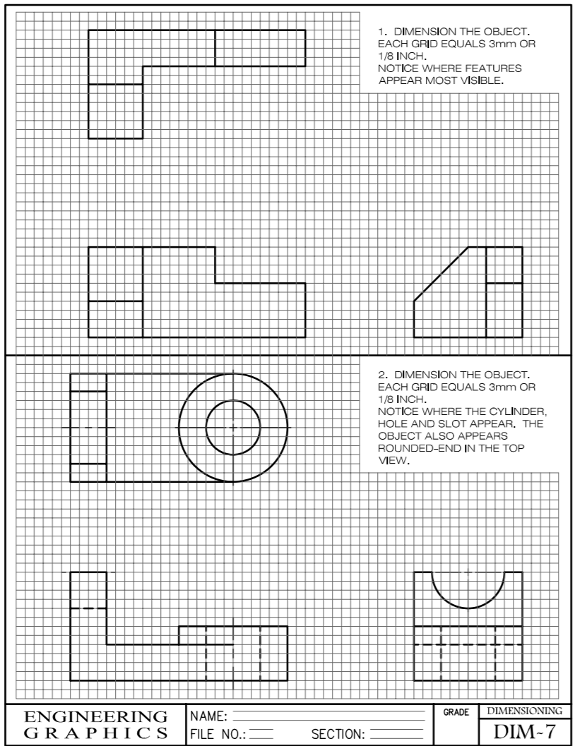 Solved 1. DIMENSION THE OBJECT. EACH GRID EQUALS 3mm OR 1/8 | Chegg.com