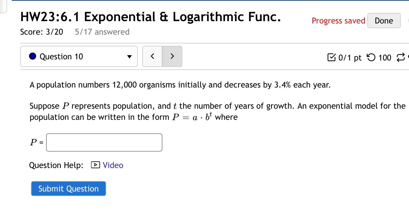 Solved HW23:6.1 Exponential & Logarithmic Func. Score: 3/20 | Chegg.com