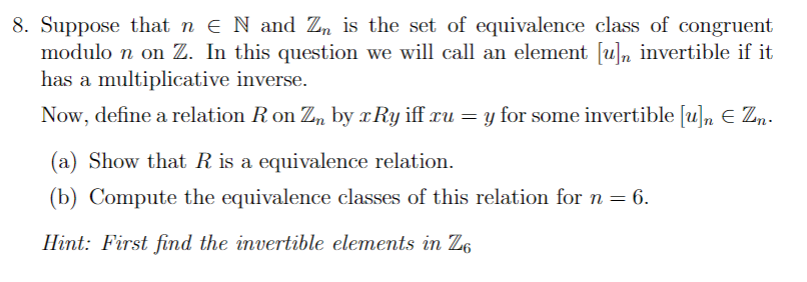 Solved 8. Suppose that n E N and Zn is the set of | Chegg.com