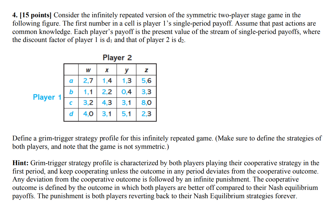 Solved 4. [15 points] Consider the infinitely repeated | Chegg.com