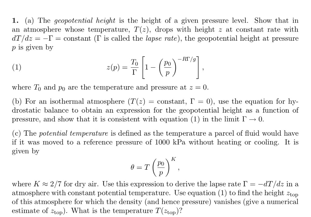 Solved 1. (a) The geopotential height is the height of a | Chegg.com