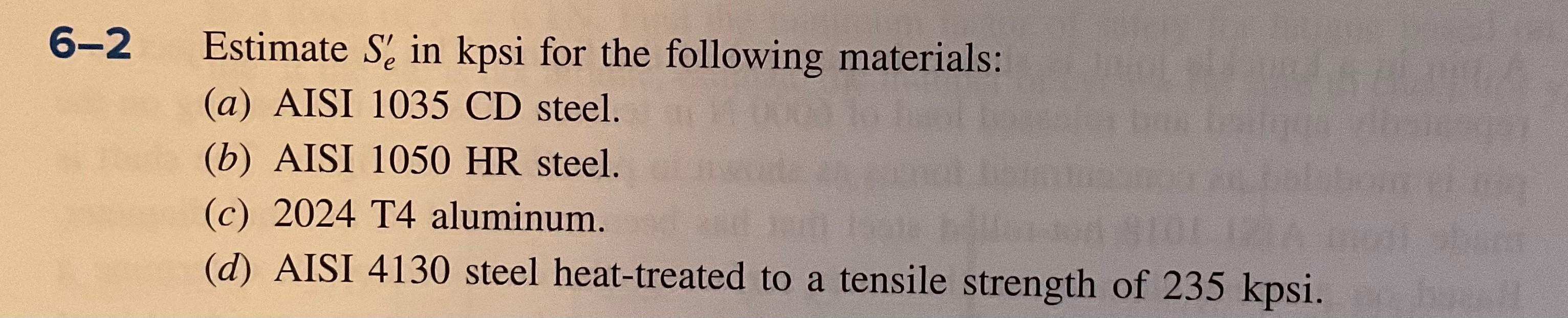 Solved 6-2 Estimate Se′ in kpsi for the following materials: | Chegg.com