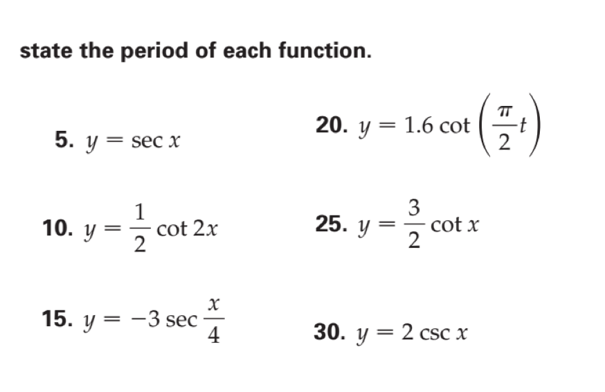 Solved state the period of each function. 20. y = 1.6 cot TT | Chegg.com