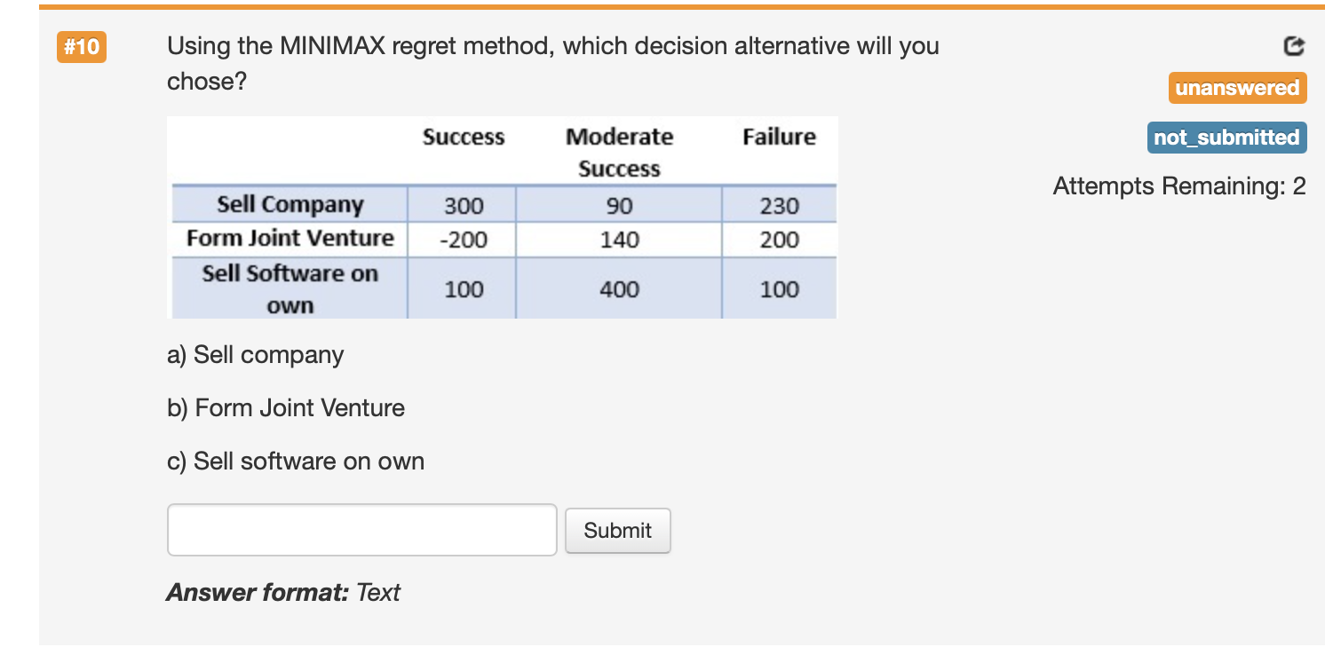 Solved #8 Using the MINIMAX regret method, which decision | Chegg.com