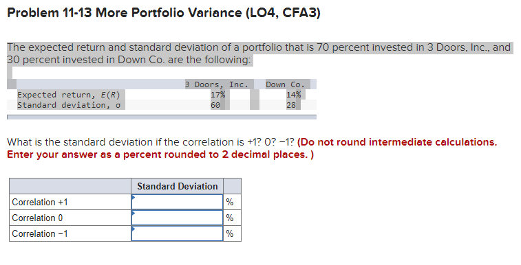 Solved Problem 11-13 More Portfolio Variance (LO4, CFA3) The | Chegg.com