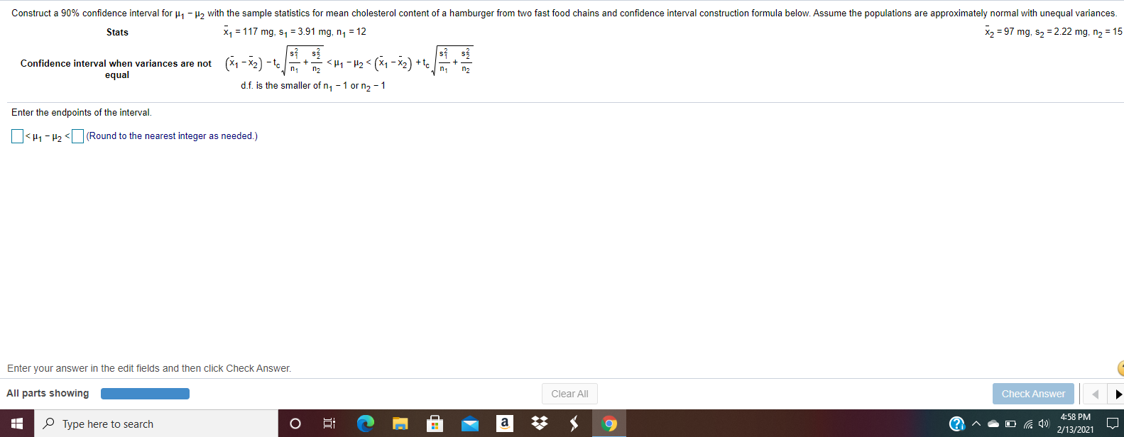 Solved Construct a 90% confidence interval for 11 - H2 with | Chegg.com
