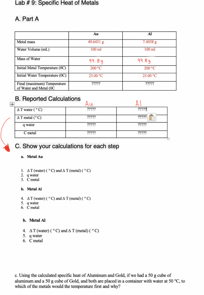 Lab # 9: Specific Heat of Metals A. Part A Au AI | Chegg.com