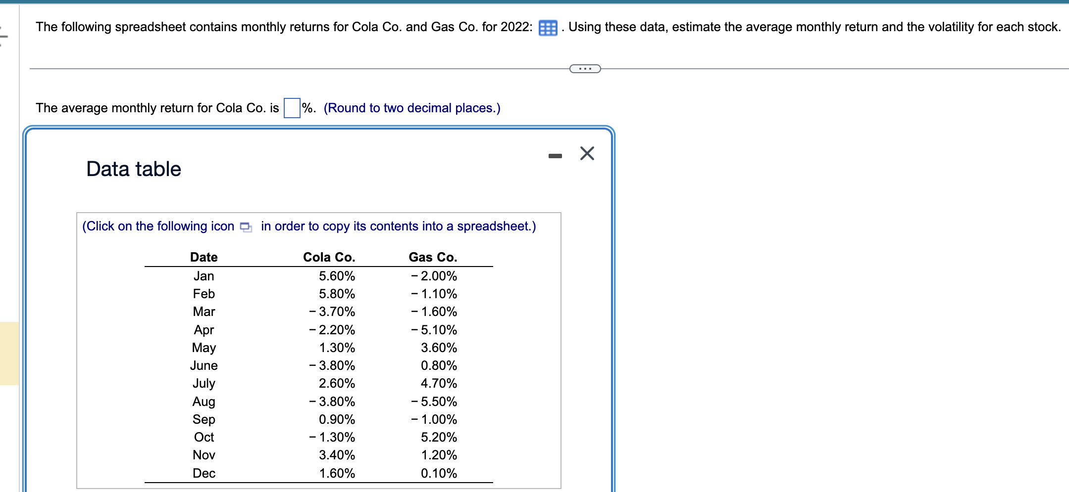 Solved The following spreadsheet contains monthly returns | Chegg.com