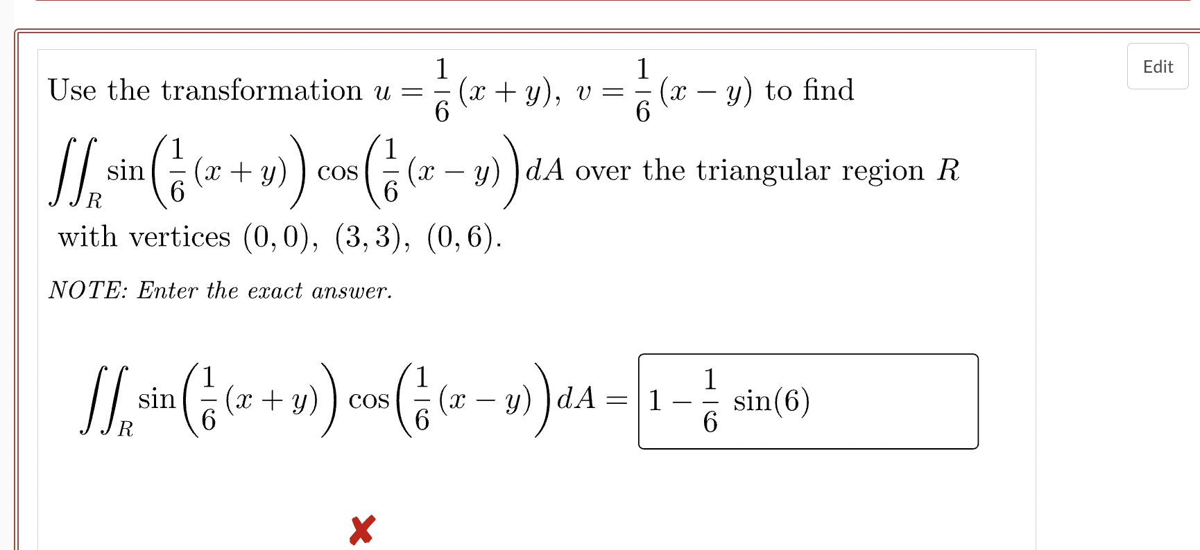 Solved Use the transformation u=61(x+y),v=61(x−y) to find | Chegg.com