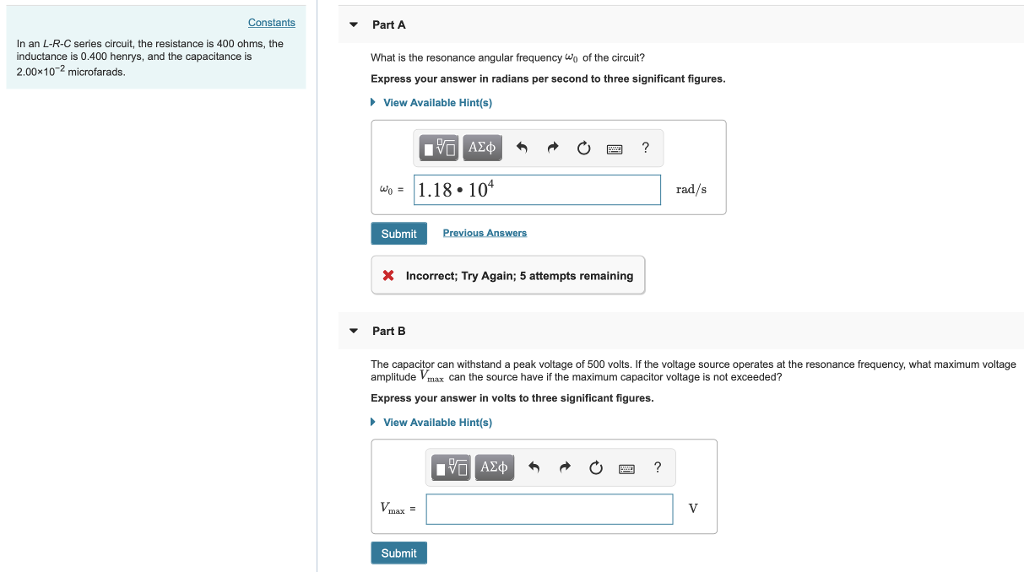 Solved Constants Part A In an L-R-C series circuit, the | Chegg.com