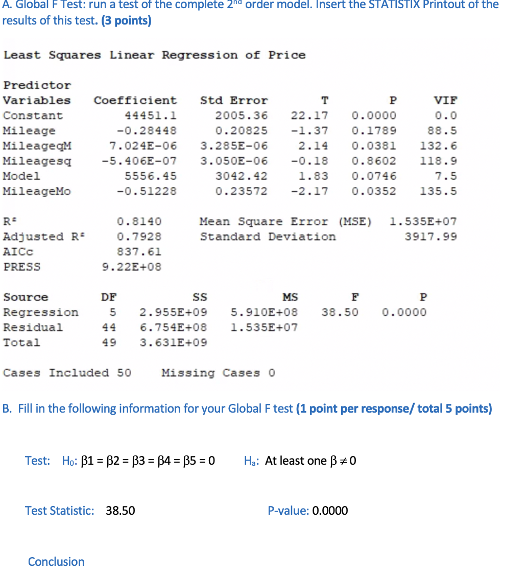 Solved A. Global F Test: run a test of the complete 2nd | Chegg.com