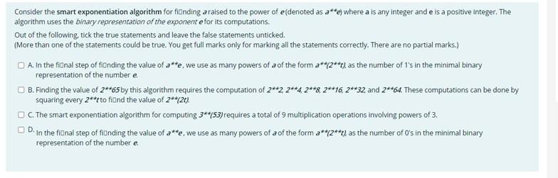 Solved Consider the smart exponentiation algorithm for | Chegg.com