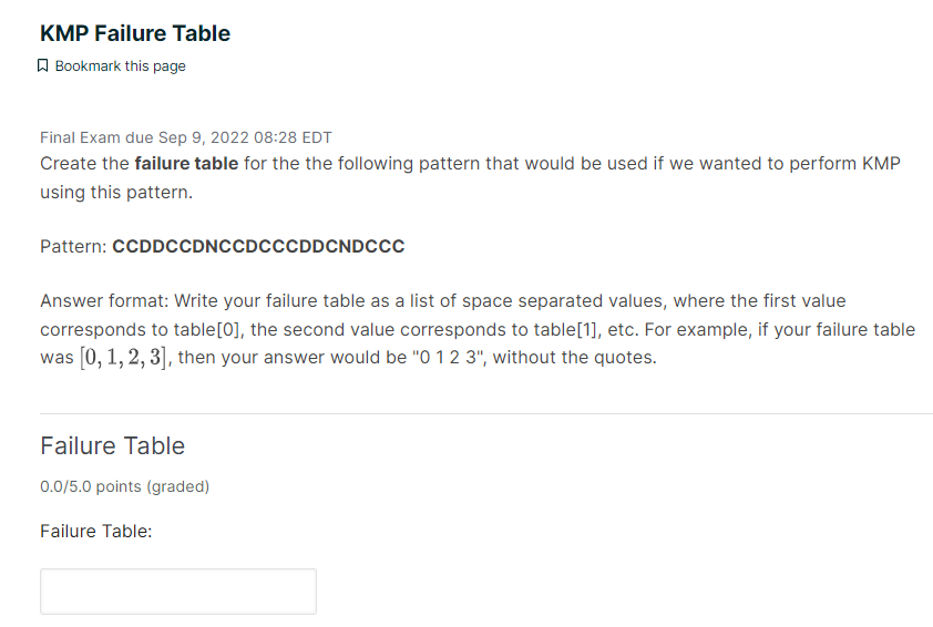 Solved KMP Failure Table W Bookmark this page Final Exam due | Chegg.com
