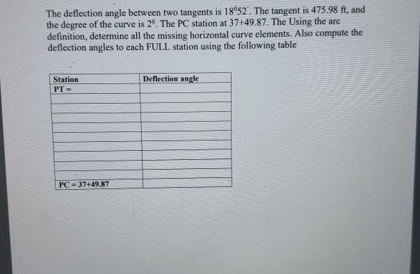 Solved The deflection angle between two tangents is 18°52. | Chegg.com