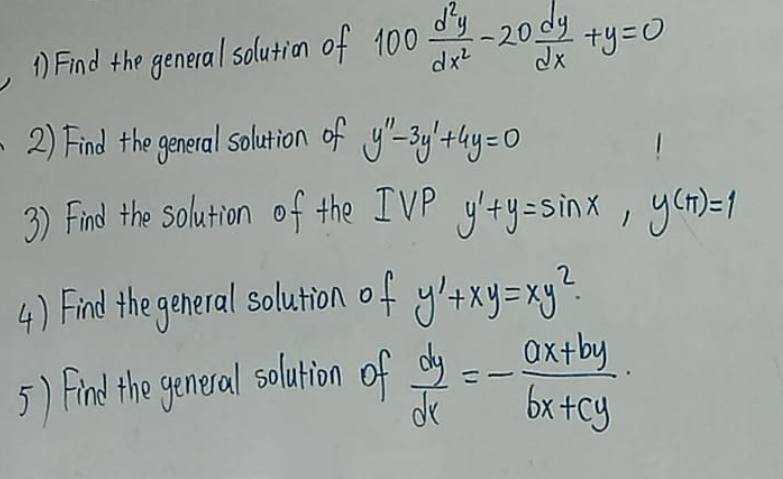 Solved 1) Find the general solution of 100dx2d2y−20dxdy+y=0 | Chegg.com