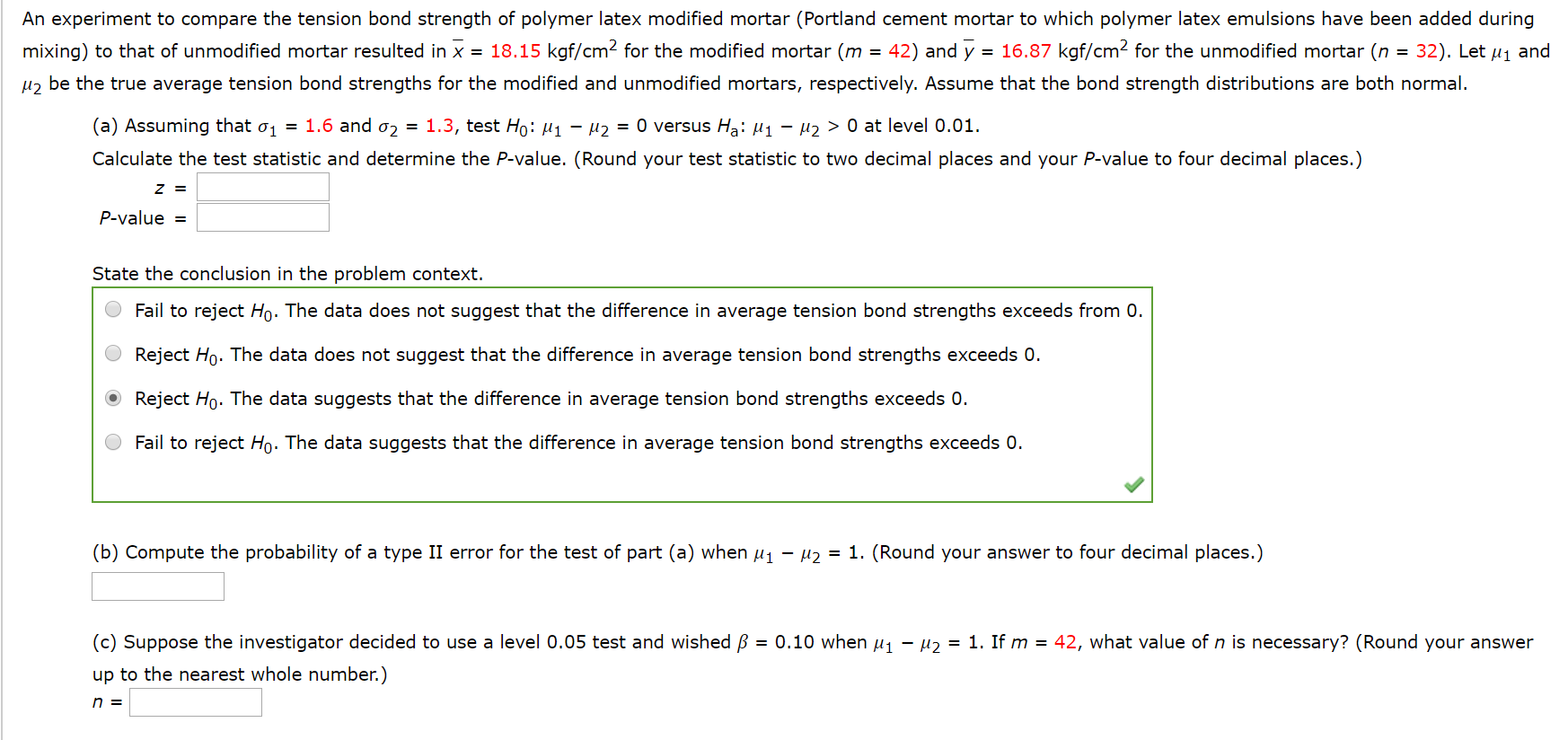 Solved An experiment to compare the tension bond strength of | Chegg.com