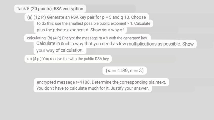 Solved Task 5 (20 points): RSA encryption (a) (12 P.) | Chegg.com