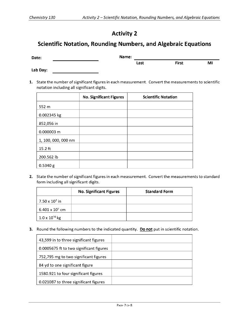 Solved Chemistry 130 Activity 2 -Scientific Notation, | Chegg.com