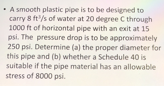 Solved .A smooth plastic pipe is to be designed to carry 8 | Chegg.com