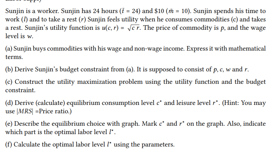 Solved Sunjin is a worker. Sunjin has 24 hours (t = 24) and | Chegg.com