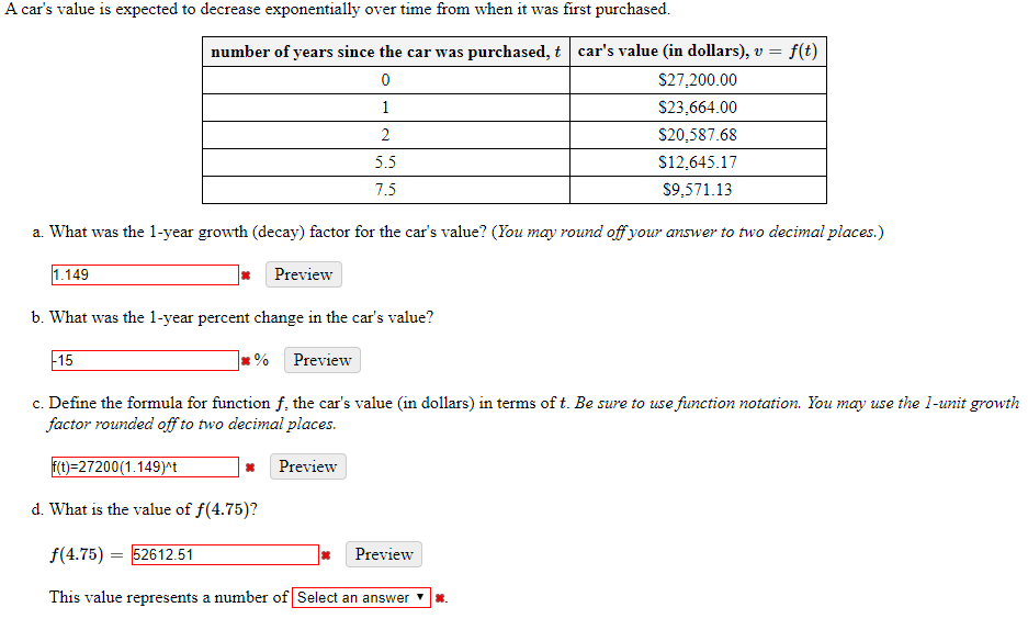 Solved A car's value is expected to decrease exponentially | Chegg.com