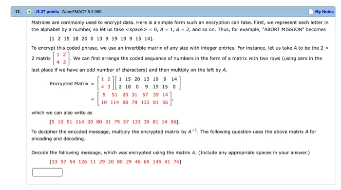 Solved 11. 8.33 points WaneFMAC7 5.3.063 My Notes Matrices | Chegg.com