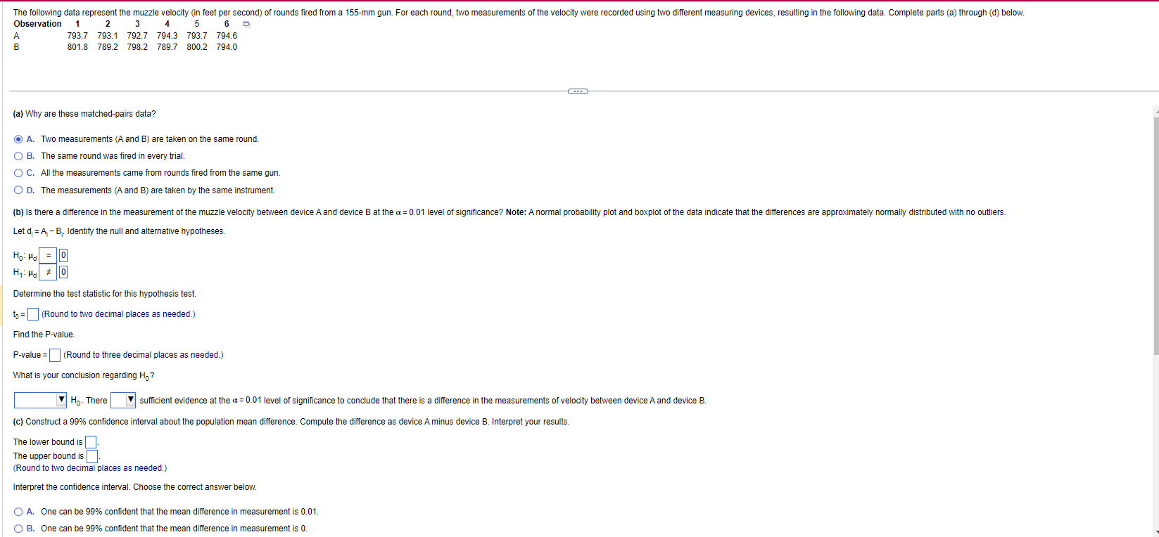 Solved (a) Why are these matched-pairs data? A. Two | Chegg.com