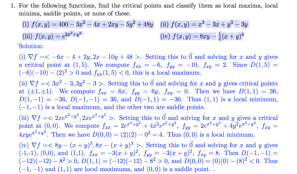 Solved 1. For the following functions, find the critical | Chegg.com