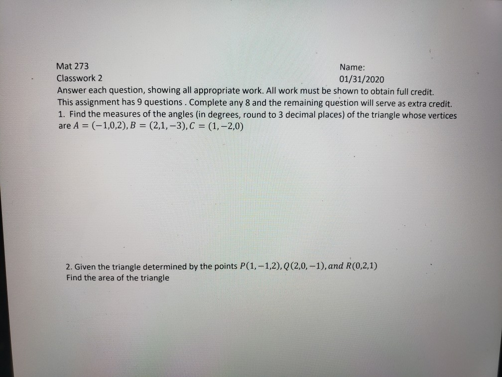 Solved Mat 273 Name: Classwork 2 01/31/2020 Answer each | Chegg.com