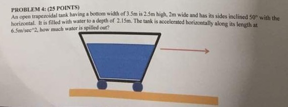 Solved PROBLEM 4: (25 POINTS) An open trapezoidal tank | Chegg.com