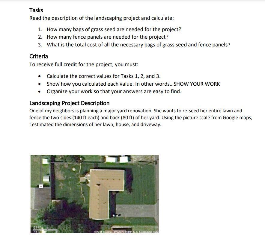 Solved Tasks Read the description of the landscaping project | Chegg.com