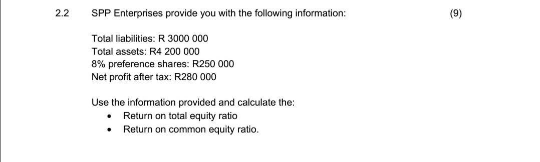 Solved 2.2 SPP Enterprises provide you with the following | Chegg.com