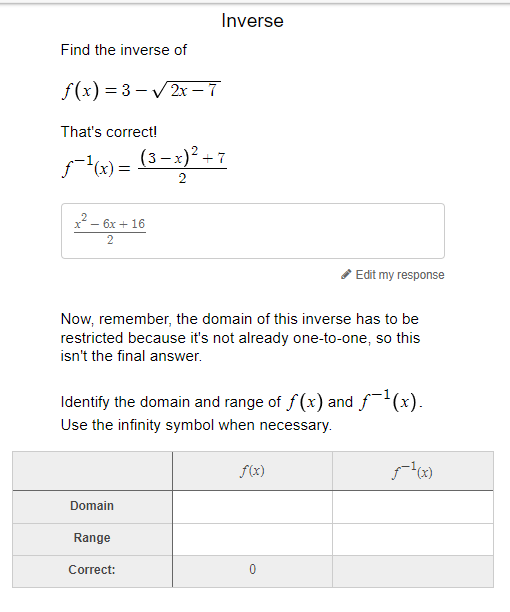 Solved Inverse Find the inverse of f(x)=3−2x−7 That's | Chegg.com