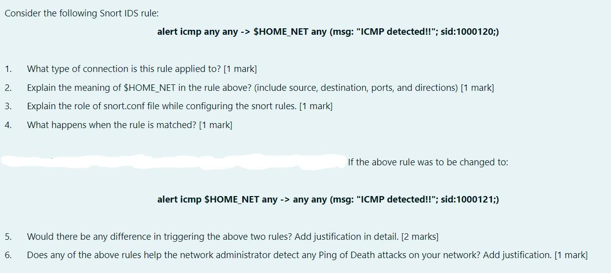 Solved Consider the following Snort IDS rule: alert icmp any | Chegg.com