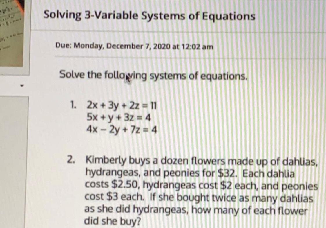Solved Solving 3-Variable Systems of Equations Due: Monday, | Chegg.com