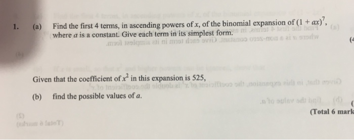 Solved 1 +ax) Find the first 4 terms, in ascending powers of | Chegg.com